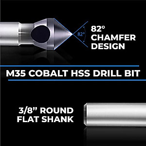 amoolo Single End Countersink Bit, Cobalt Steel Countersink Drill Bit with TiAlN Coating Finish for Hard Metal, 82 Degree Point Angle, 3/8” Round Shank, 1/2” Body Diameter