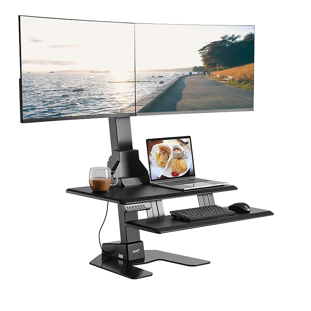 AVLT Dual 32" Monitor Electric Standing Desk Converter with Huge Keyboard Tray Extra Large 28"x 16" Spacious Tabletop Motorized Automatic Height Adjustable Sit to Stand Table Sturdy Small Footprint