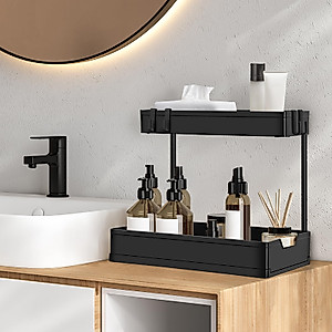 Bellzacasa Under Sink Organizers and Storage, 2 Tier Sliding L-shape Bathroom Cabinet Organizer, Multi-purpose Under Sink Organizer Shelf with 4 Hooks for Kitchen Bathroom Cabinet(Black, 1Pack)