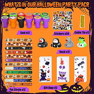 98Pcs Halloween Party Favors Set - Halloween Party Toys 12 Duck, 12 Stamps, 12 Slap Bracelets, 50 Stickers, 12 Gift Bags and Cable Ties - Halloween Themed Party Supplies for Kids