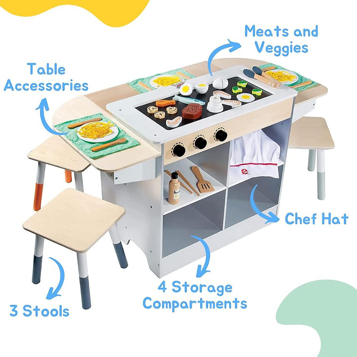 Hibachi Grill Wooden Kids Playset w/ Stools, Table Settings and Over 25 Toy Food Pieces - Noodles, Tongs, Meats, Veggies - Everything Your Little Chef Needs for Pretend Play Indoor Japanese Restaurant