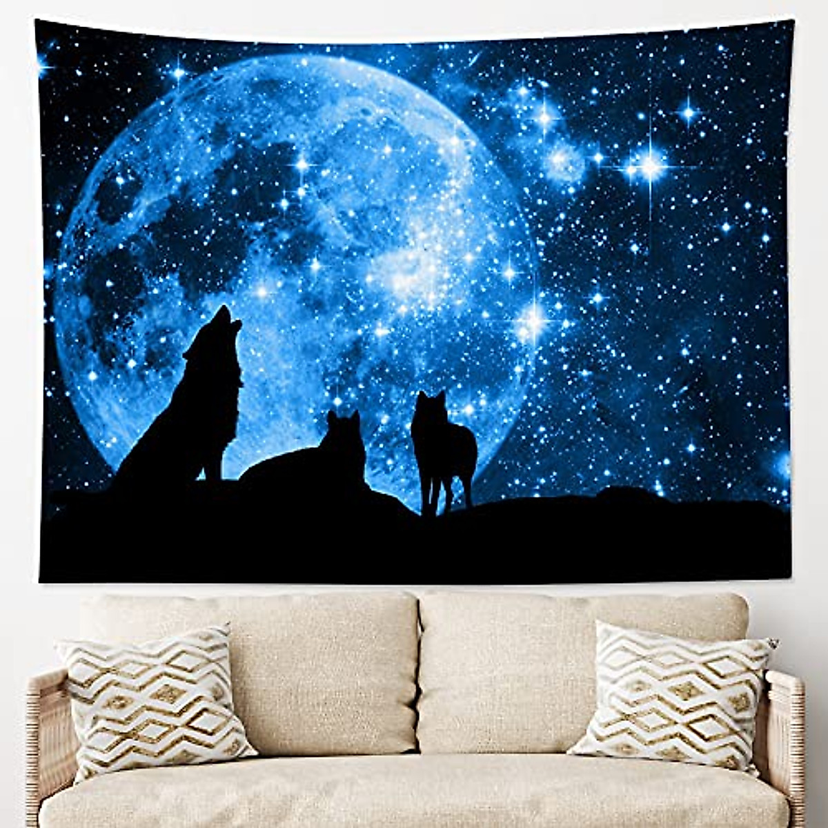 HVEST Wolf Tapestry Wall Hanging Full Moon in Blue Space Tapestries Wild Animal Wolves Wall Decor Blanket for Kids Bedroom Living Room Dorm Party (48X36")