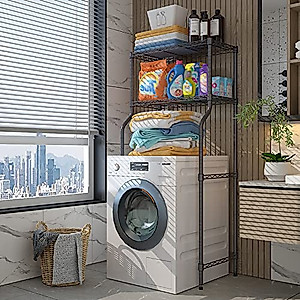 BKGDO Washer Storage Frames Floor Standing for Over Toilet,Round Tube Iron Tube Frame Washinghine Rack,Adjustable Partition Waterproof Washinghine Rack Bathroom Storage/Black