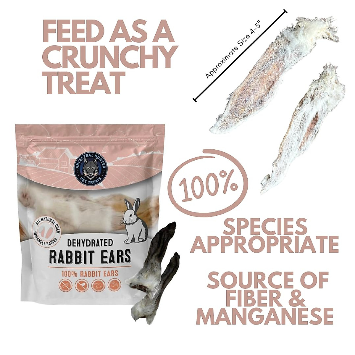 Dehydrated Rabbit Ears for Dogs & Cats - Furry Rabbit Ear Dog Treats - USA Sourced Whole Rabbit Ears with Fur for Dogs - Rawhide Alternative - 100% Single Ingredient Furry Rabbit Ears (6 Count)