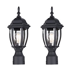 Yeuloum Outdoor Post Light Pole Lantern Lighting Fixture with One E26 Base Max 100W, Aluminum Housing Plus Glass, 2-Pack (Black Finish)