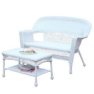 Jeco Wicker Patio Love Seat and Coffee Table Set without Cushion, White