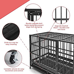 48 inch Heavy Duty Indestructible Dog Crate Steel Escape Proof, Indoor Double Door High Anxiety Cage, Kennel with Wheels, Removable Tray, Extra Large XL XXL