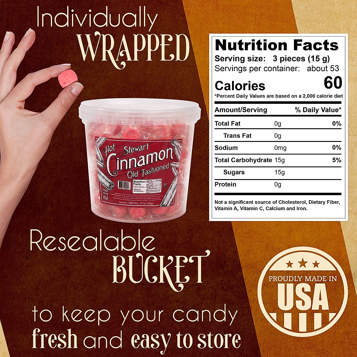 Stewart Old Fashioned Hot Cinnamon Flavored Pure Sugar Candy Puff Balls - Individually Wrapped Candy Snack, Fat-Free, Cholesterol-Free, Gluten-Free, Made in the USA - 27oz Tub