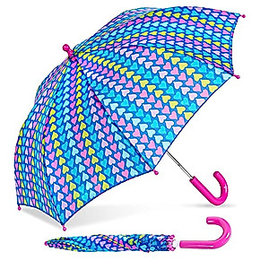 ShedRain Multicolored Heart Striped Kids Umbrella - Pinch-Proof, Easy Grip Handle - Compact Children's School & Travel Umbrella with Large 33" Arc, Heavy Duty Steel Shaft & Fiberglass Ribs
