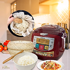 PANWA Handmade 100% Natural Thai Bamboo Sticky Rice “Electric Cooker Steamer Set”, Small Pot Insert ~ 6.5 Inch, Hewn Reed Wicker Woven Lid, 16’’ Cheesecloth Filter, and Wooden Spoon