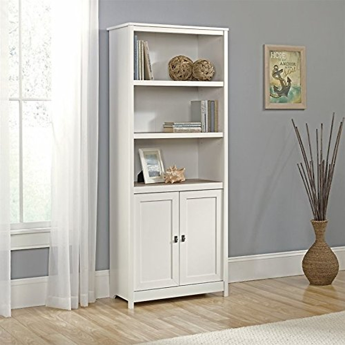 Sauder Cottage Road Library with Doors, Soft White finish