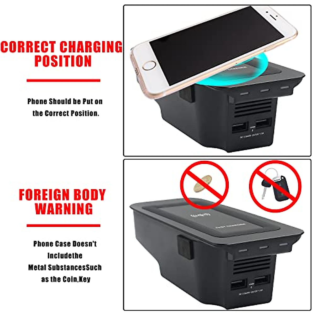 Wireless Phone Charging Plate, Vehicle Inner Central Box Charger Accessory with 2 USB Ports, Compatible with Volvo XC90 XC60 S90 S60 V90 V60, Plug & Play Easy Installation (Classic Style)