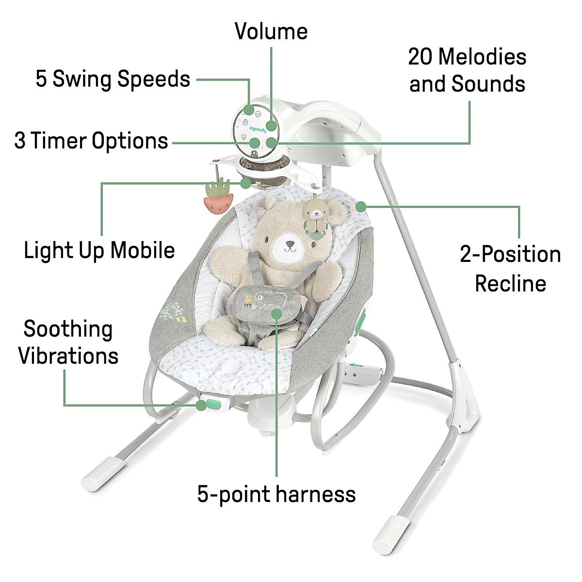 Ingenuity InLighten Soothing Swing & Rocker - Vibrating Swivel Infant Seat, Soothing Sounds, Lights - Nate