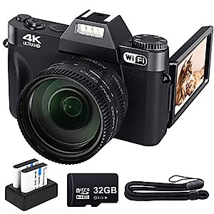 VJIANGER Digital Camera for Photography 4K 48MP Vlogging Camera for YouTube with WiFi, 16X Digital Zoom, 52mm Wide Angle & Macro Lens, 2 Batteries, 32GB TF Card(W02-Black2)