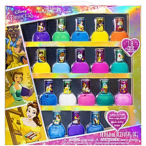 Townley Girl Disney Princess Belle 18 Pcs Non-Toxic Peel-Off Water-Based Safe Quick Dry Nail Polish Kit| Birthday Gift Nail Paint Set for Girls, Glittery and Opaque Colors| Kids Ages 3+