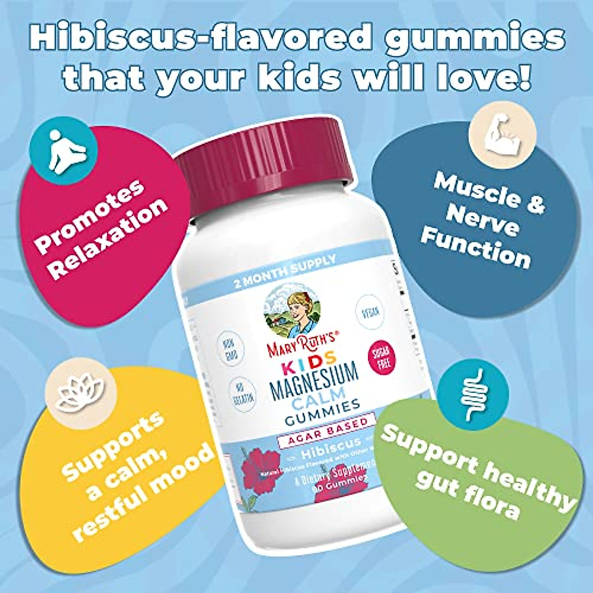 Kids Magnesium Citrate Gummies by MaryRuth's | 2 Month Supply | Sugar Free | Magnesium Supplement | Calm Magnesium Gummies for Kids 2+ | Bone, Nerve, Gut Health | Vegan | Non-GMO | 60 Count