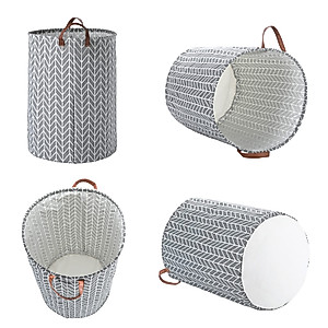 Tsingree 60L Waterproof Laundry Hamper, Large Foldable Laundry Basket with Leather Handles, Canvas Storage Bin for Kid's Room and Baby Nursery (Gery arrow)