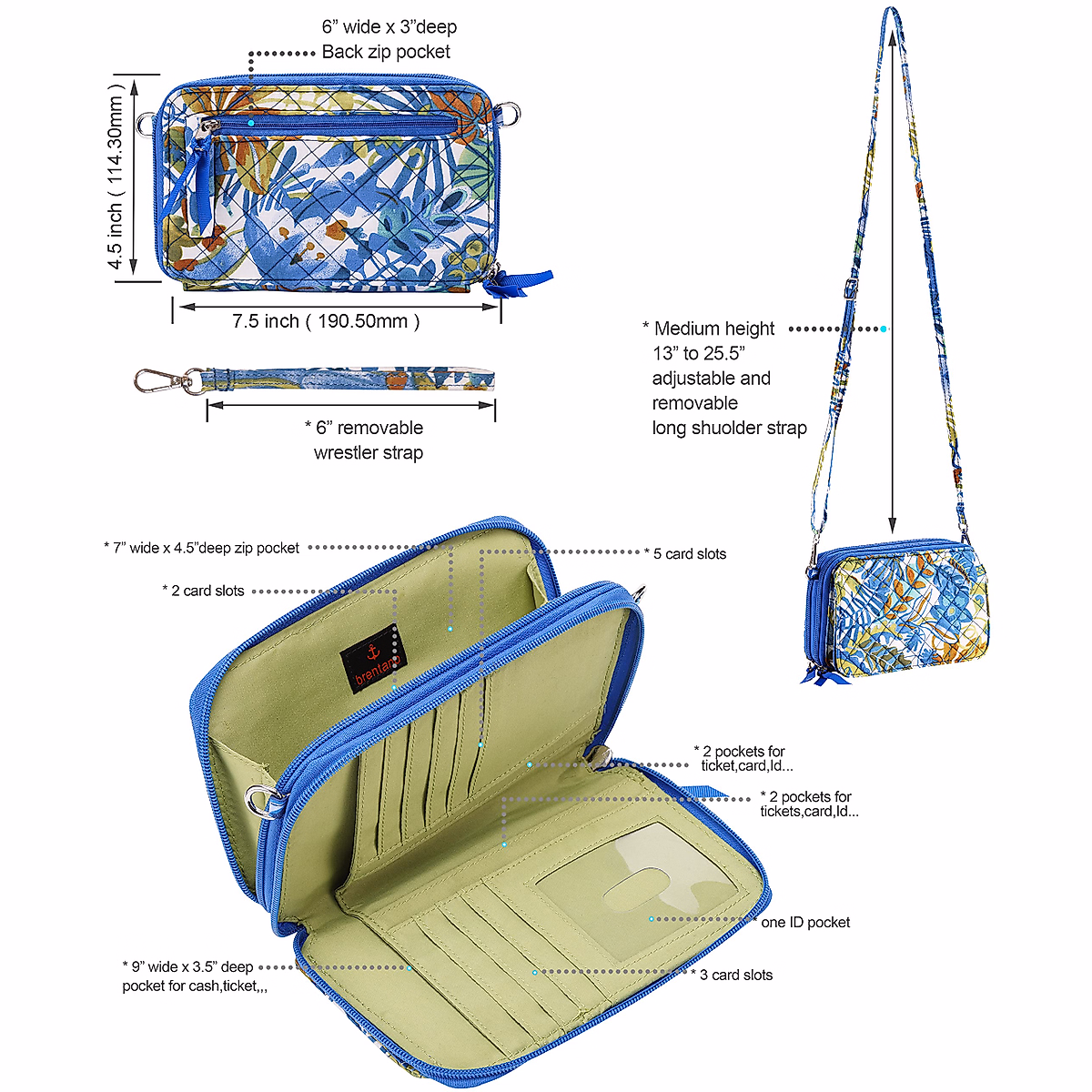 Brentano Cotton quilted double-zipper crossbody wallet purse and clutch (TROPICAL PARADISE)