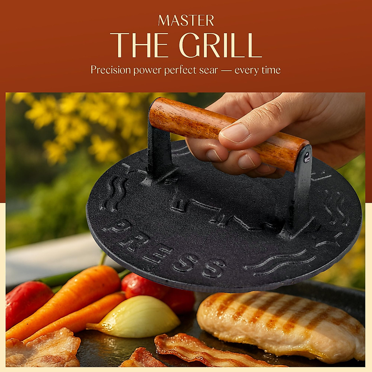 Bellemain Cast Iron Grill Press, Heavy-duty bacon press with Wood Handle, 8.5-Inch Round