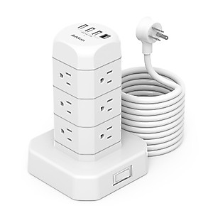 Power Strip Tower Surge Protector - 10 FT Extension Cord with Multiple Outlets, 12 Outlets 4 USB Ports Electric Power Tower, Flat Plug, Desktop Charging Station for Office Home Dorm Essentials White
