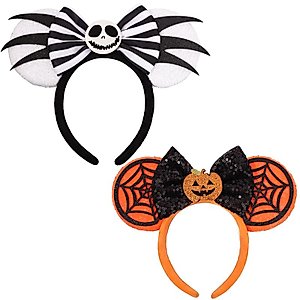 UNSPAZ Halloween Mouse Ears Headband, 2 PCS Halloween Ears Pumpkin and Jack Halloween Headband for Adults Women Kids, Halloween Accessories