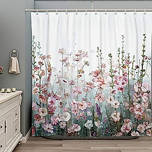 SUMGAR Colorful Flowers Shower Curtain for Bathroom Pink Floral Romantic Wildflower Plants Nature Scenery Decoration Curtain Set with Hooks, 72 x 72 inch