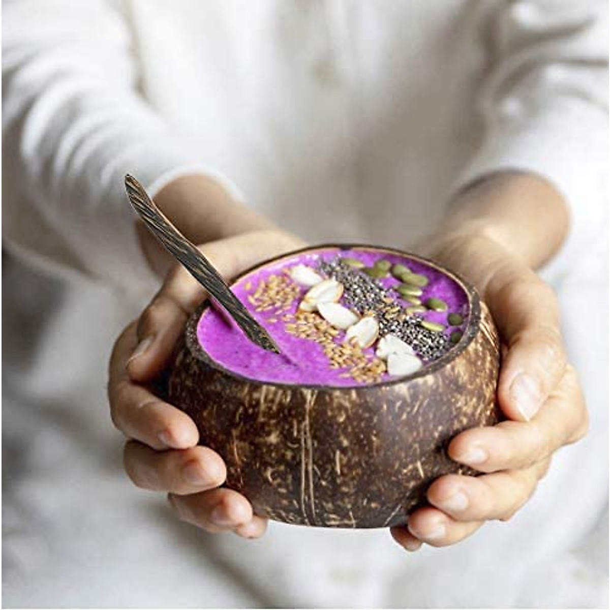 LANNA Natural Polished Coconut Bowls Set of 2 with Hand Carved Wood Spoons & Bamboo Straws - Perfect Eco-Friendly Gifts for Vegan, Buddha Bowls, Acai Smoothie Drinking Cups(Medium)