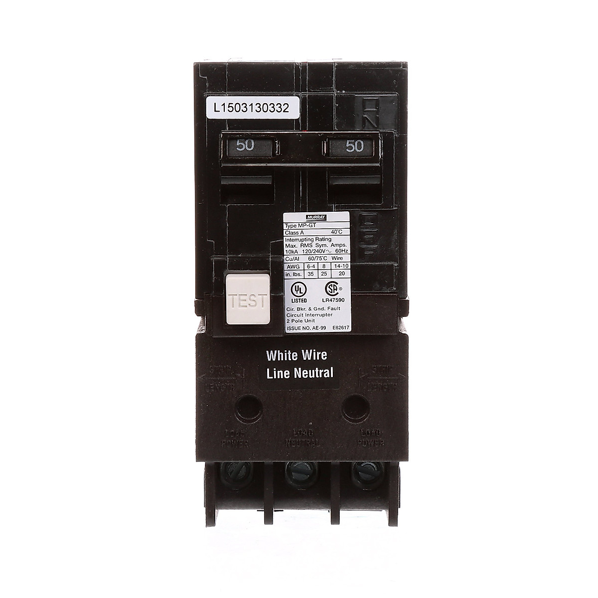 Murray MP250GFA 50 Amp 2-Pole GFCI Circuit Breaker with Self Test & Lockout Feature