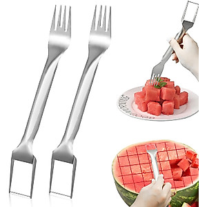 Generic 2-in-1 Stainless Steel Fruit,2pcs Dual Head Stainless, Portable Watermelon Fork Watermelon Cutter Slicer Tool Fruit Forks Slicer for Home Party Camping Kitchen Gadget, Silvery white, 1c-wa