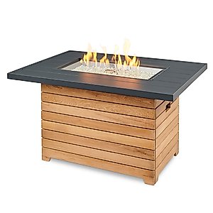 Outdoor GreatRoom Co Propane Fire Pit Table - Darien Gas Fire Pits for Outside Patio - 44 Inch Rectangular Everblend Concrete Firepit Fire Table, Wood Base, Glass Tabletop Cover, 55,000 BTU - Black