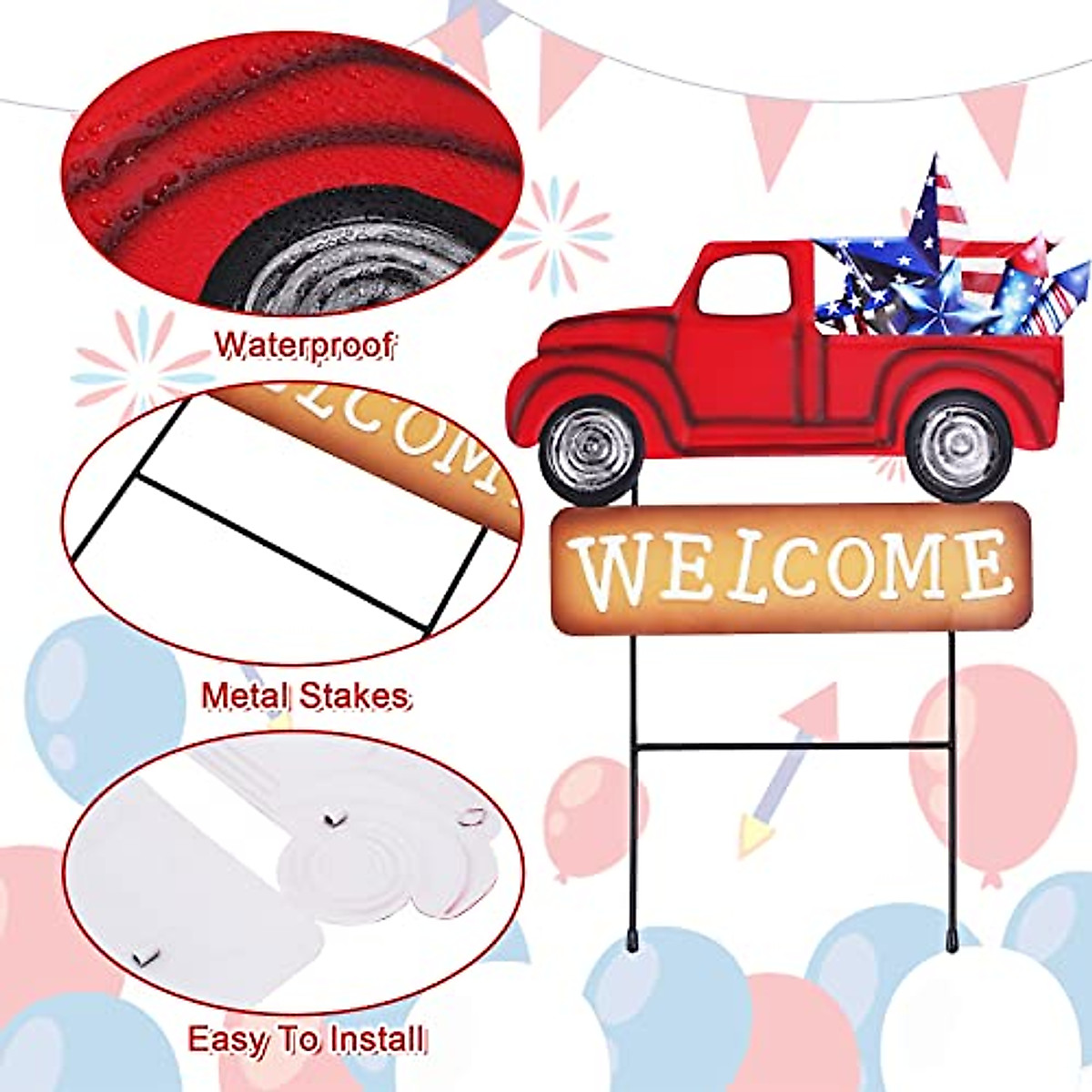Whaline 4th of July Metal Yard Stakes Patriotic Yard Sign Spring Welcome Garden Stake Interchangeable Red Truck Garden Decor Set with Seasonal Sign Loads for Spring Fall Halloween Christmas, Set of 9
