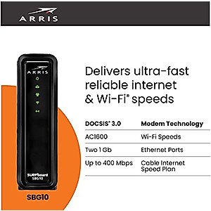 ARRIS SURFboard SBG10 DOCSIS 3.0 16 x 4 Gigabit Cable Modem & AC1600 Wi-Fi Router | Comcast Xfinity, Cox, Spectrum | Two 1 Gbps Ports | 400 Mbps Max Internet Speeds | SURFboard App | 2 Year Warranty
