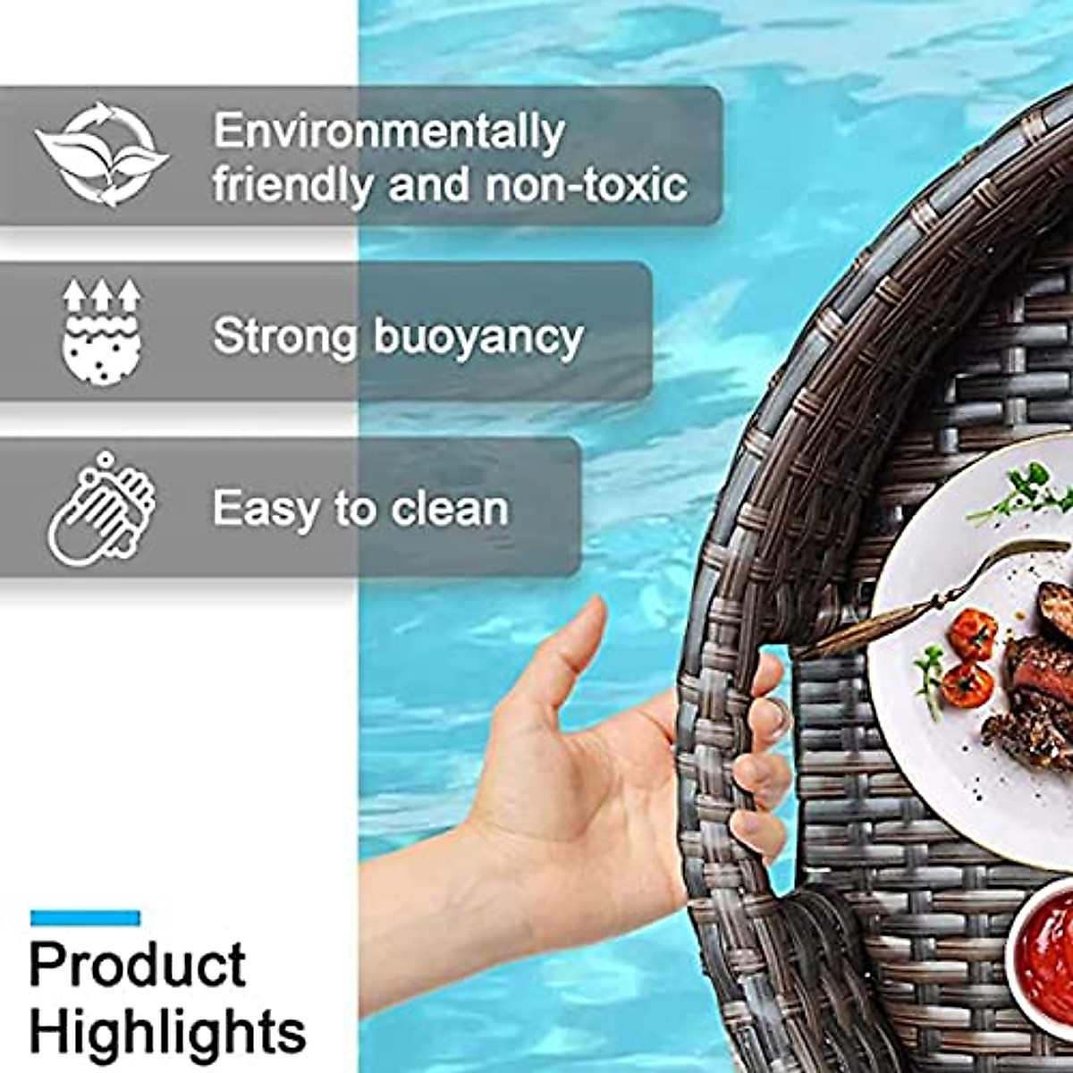 ENPAP Round Rattan Woven Serving Tray Rattan Floating Breakfast Tray with Handles,Swimming Pool Floats,for Pool Serving Drinks,Brunch,Food on The Water (Color : Black, Size : 80cm)