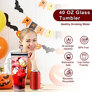 ONEHAUS Ghost Cup with Handle, 40oz Glass Tumbler Mug, Glass Cups with Lids and Straws, Halloween Ghost Decorations Gifts Glass Cups Ghost Tumbler for Iced Coffee, Fits In Cup Holder