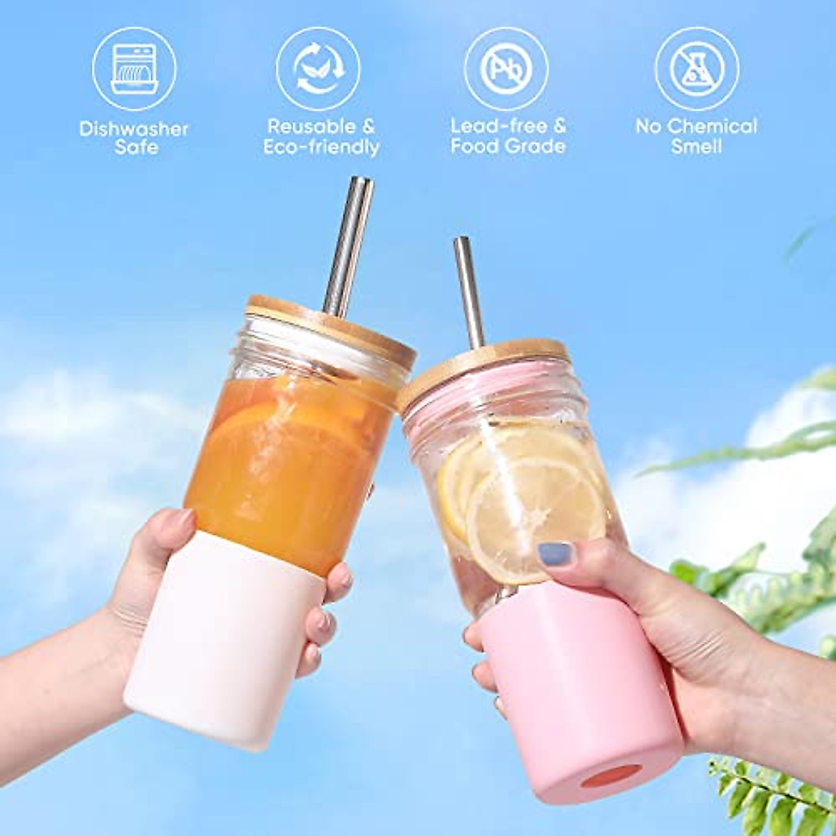 4 Pack Glass Cups with Lids and Straws, 22oz Mason Jar Glass Tumbler, Smoothie Cup with Silicone Sleeve, Reusable Boba Cup, Modern Cute Iced Coffee Cup, Drinking Glasses for Tea, Juice, Soda, Cocktail