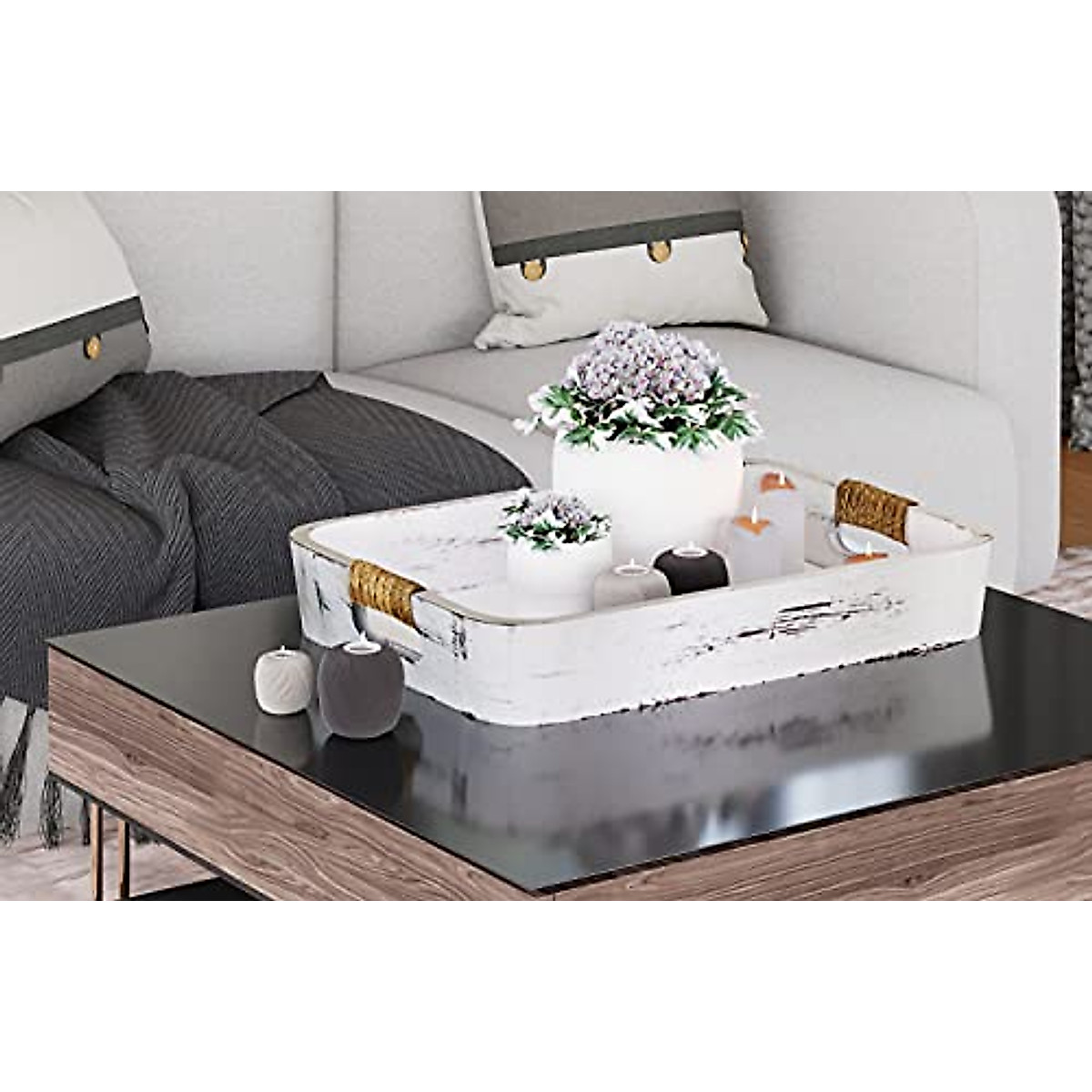 White Coffee Table Tray - 16.5"x12" - White Ottoman Tray for Living Room - White Trays for Coffee Table - White Tray with Handles - Farmhouse Tray for Coffee Table - Decorative Trays for Coffee Table