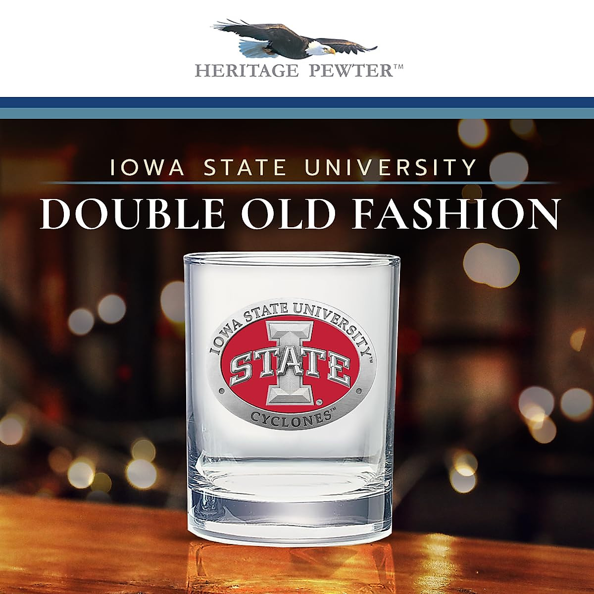 Heritage Pewter Iowa State Double Old Fashioned Glass | Double Rocks Glass 14 OZ for Liquor | Expertly Crafted Pewter Glass