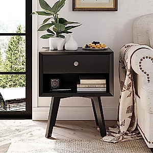 Black Nightstand with 1 Drawer Mid Century Modern Nightstand Wood Bed Side Table for Bedroom 24 Inch Tall Bedside Table Night Stand with Drawers Farmhouse End Table Mesas De Noche para Cuartos