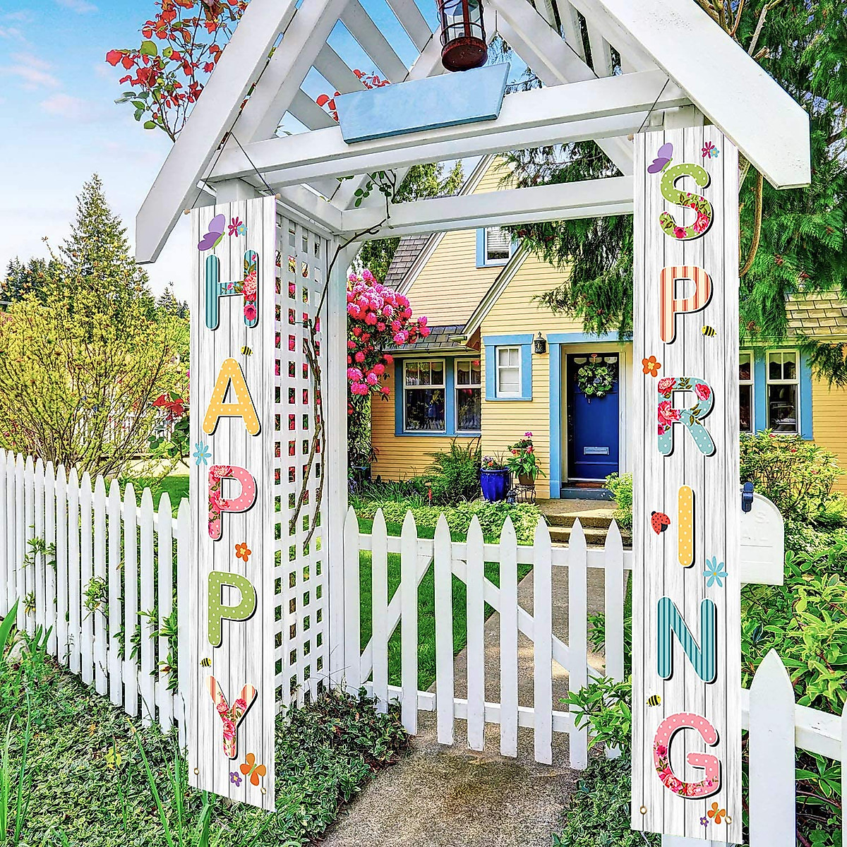 ORTIGIA Happy Spring Banner for Outdoor Colorful Floral Butterflies Porch Sign Decorations Outdoor Indoor Vintage Holiday Hanging Flags Wall Decor for Front Door Home Party Supplies