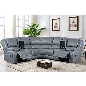 DHHU L Shape Sectional Storge Chaise, Faux Leather Manual Reclining Motion Sofas & Corner Couch with Console and 4 Cup Holders, Theater Seating Furniture for Villa Home Apartment, Grey