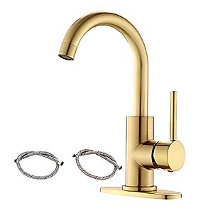 Single Handle Brushed Gold Bathroom Sink Faucet with Supply Hose, 360° Swivel Gold Bar Sink Faucet with Deck Plate, Gold RV Bathroom Basin Faucet for 1-3 Hole Installation