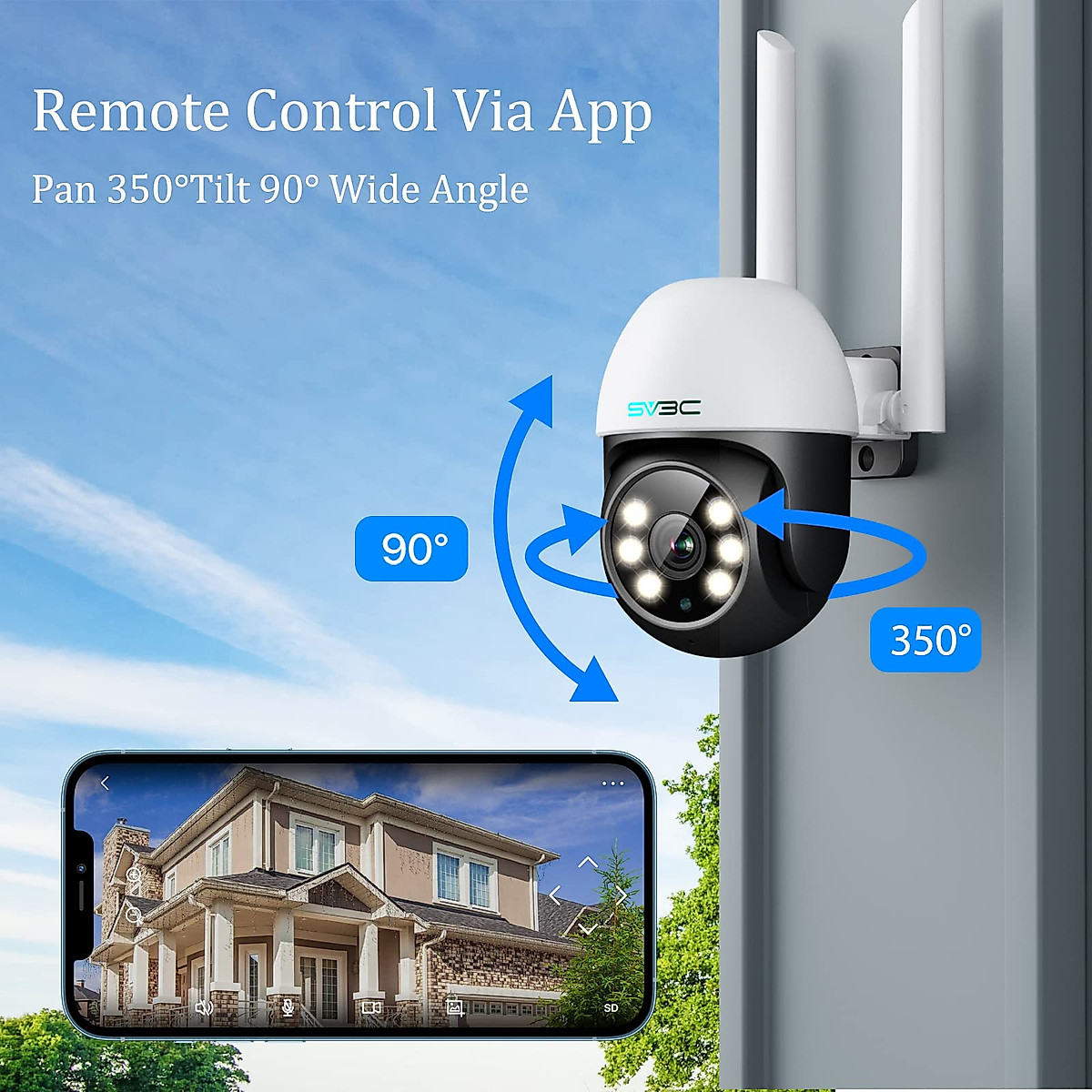 SV3C Solar Wireless Security Camera Outdoor, HD 1080P PTZ Home WiFi Camera, 360 Rotate, Smart PIR Motion Detect, Floodlight Color Night Vision, Two Way Audio, Waterproof, App Alerts, SD Card or Cloud
