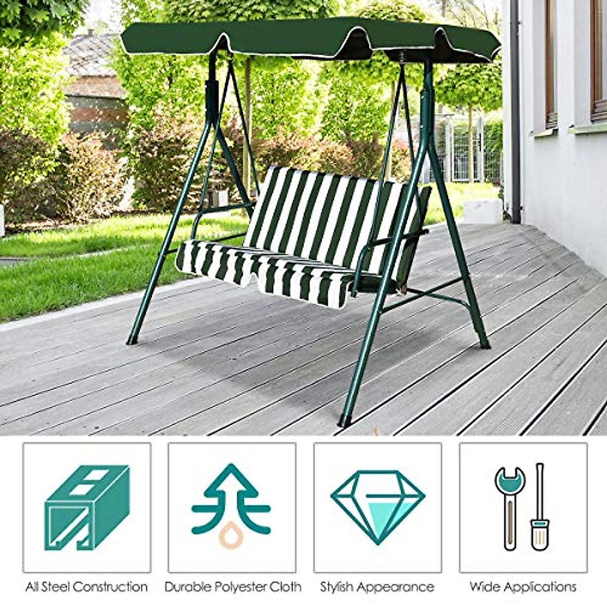 Tangkula 2-Person Patio Swing, Outdoor Yard Swing with Canopy & Cushion, Weather Resistant Steel Lounge Swing Chair for Porch, Backyard, Garden, Balcony (Green)