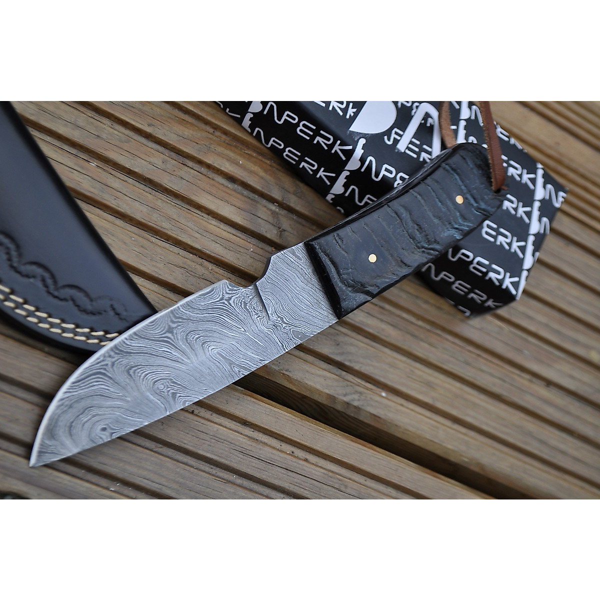 Perkin Handmade Damascus Steel Knife - Hunting Knife - Ram's Horn Handle- Full Tang - Amazing Value