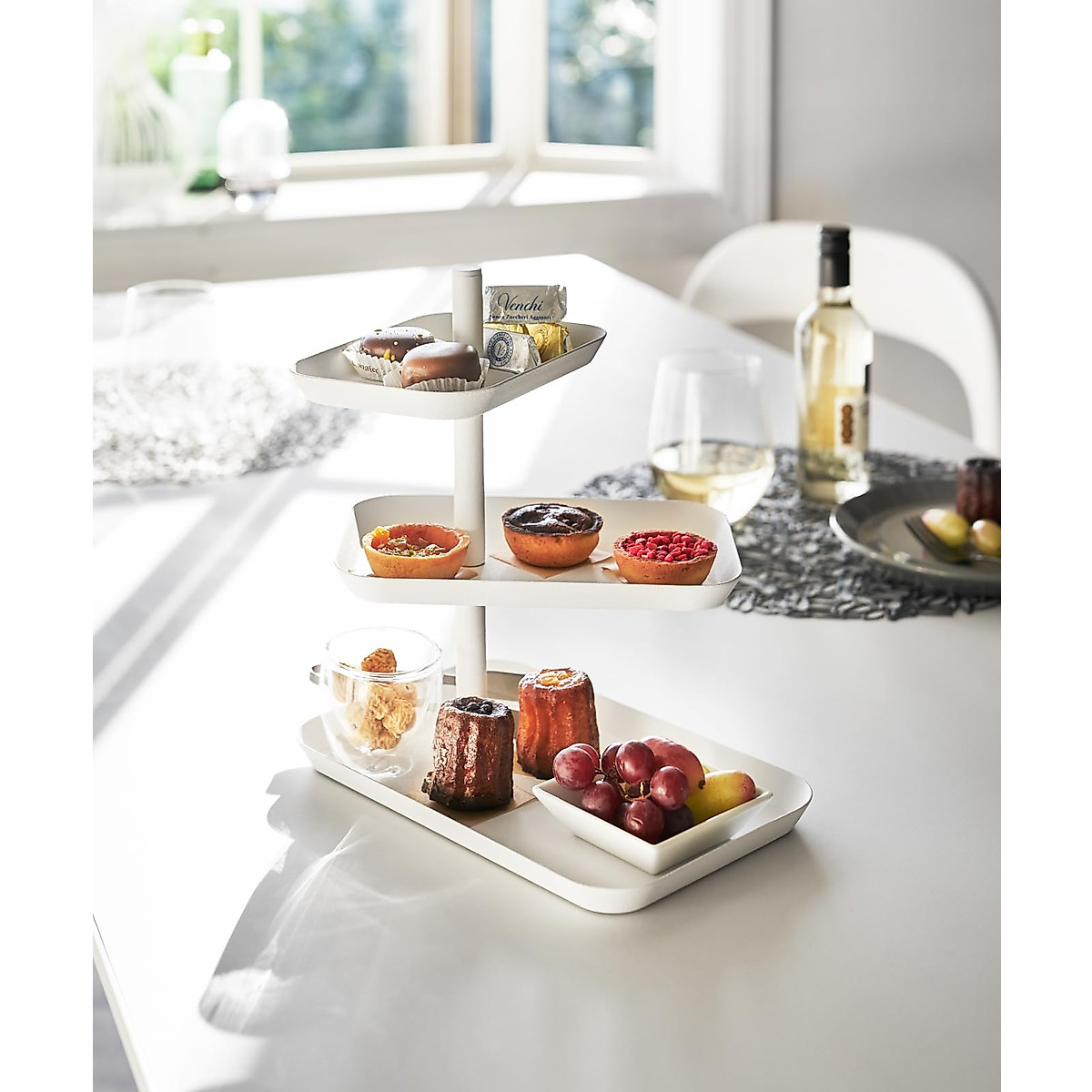 Yamazaki Home 3-Tier Serving Stand - Appetizer Tray Organizer for Party or Kitchen Steel One Size White