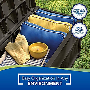 Suncast 50-Gallon Medium Deck Box - Lightweight Resin Indoor/Outdoor Storage Container and Seat for Patio Cushions and Gardening Tools - Store Items on Patio, Garage, Yard - Java