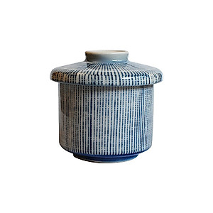 IPPINKA Japanese Porcelain Chawanmushi Cup with Lid, Seto-mono, Made in Japan, 105cc, Blue Hakeme Stripe