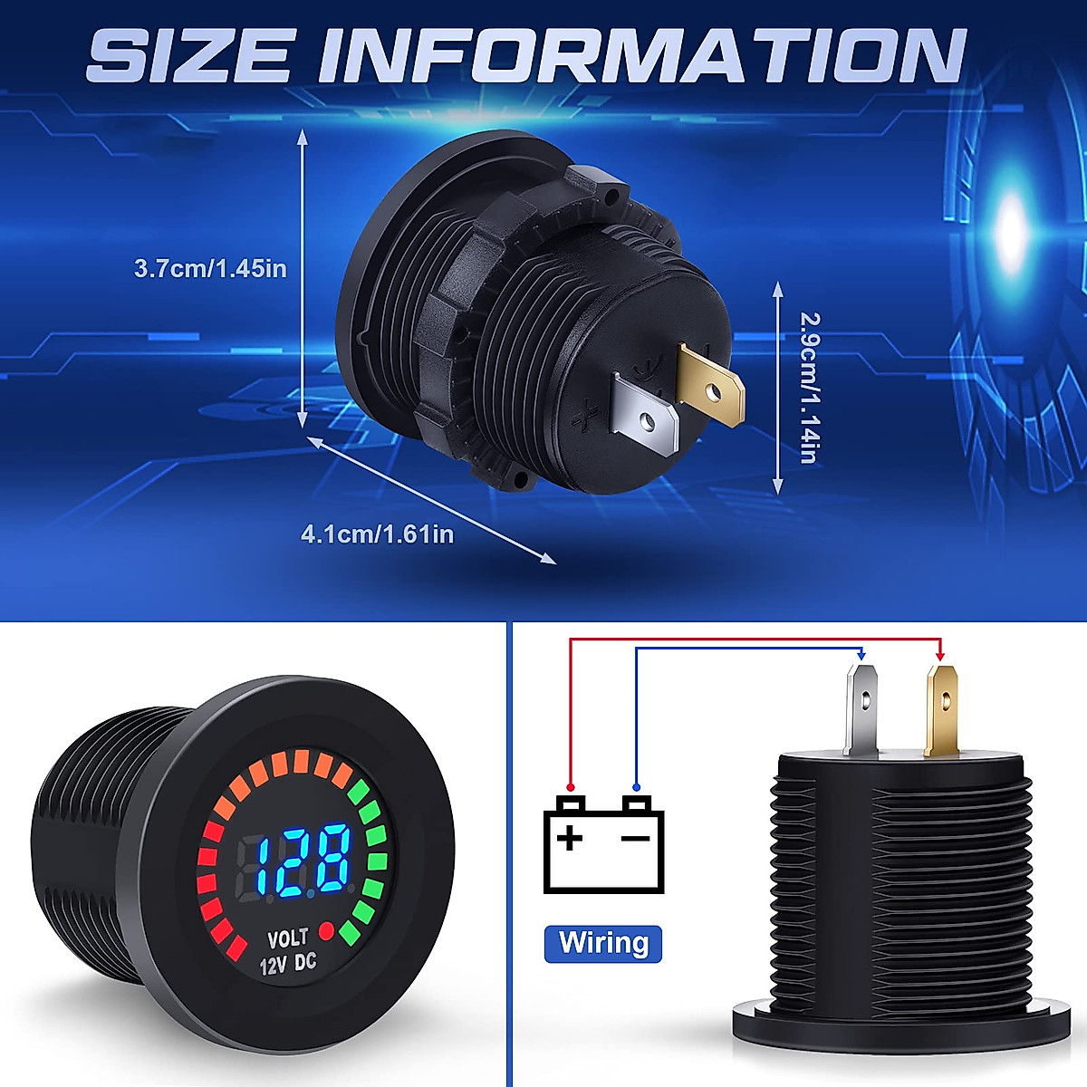 2 Pcs DC 12V Waterproof LED Digital Display Voltage Gauges Round Panel Car Voltmeters with Terminals Waterproof Voltmeter Battery Tester with Blue Light for Boat Marine Car Motorcycle