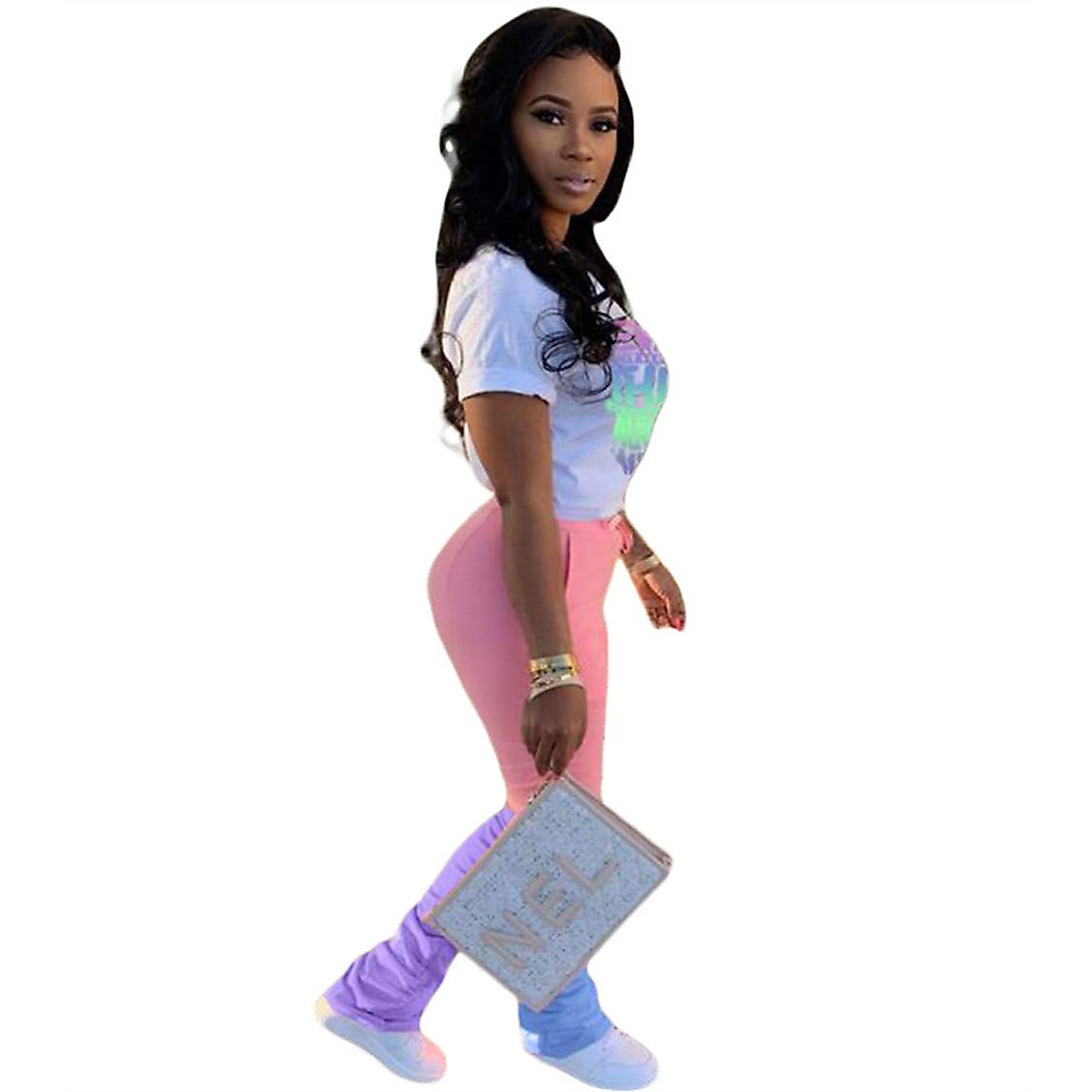 Casual 2 Piece Outfit Sets for Women Color Block Short Sleeve T-Shirts + Stacked Flare Pants Tracksuit Sweatsuit