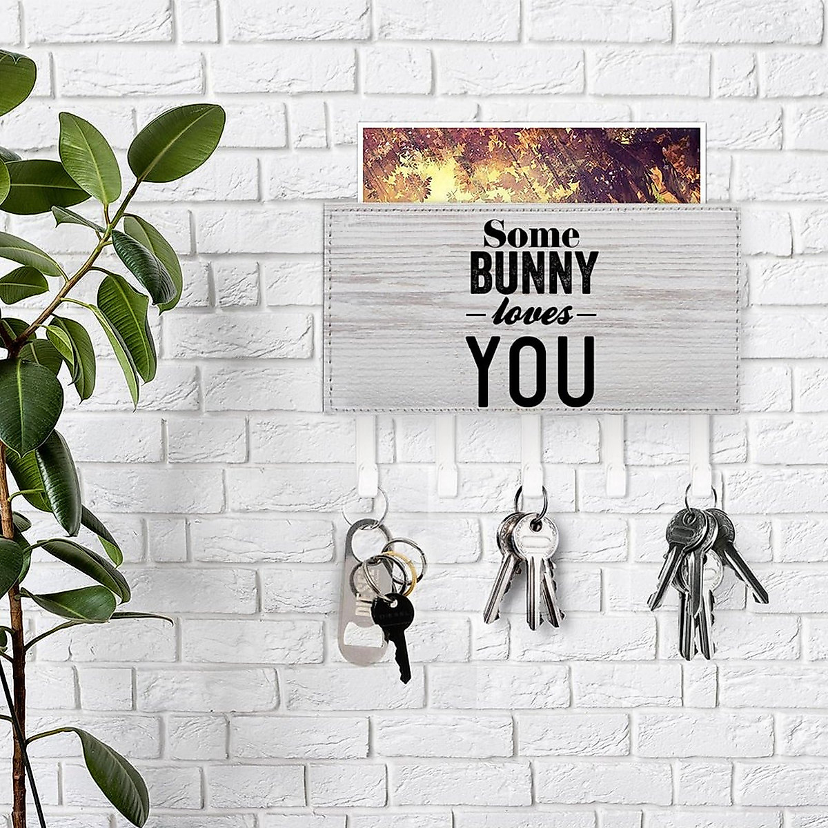 Yinrune Rustic Key Hangers with 5 Hooks Some Bunny Loves You Key Holder for Wall, Self Adhesive Key Organizer Positive Quotes Key Holder and Key Rack for Kitchen Bathroom Entryway Home Decor